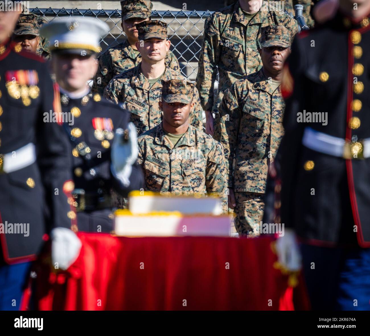 U.S. Marines with Marine Corps Base Quantico, stand at attention during ...