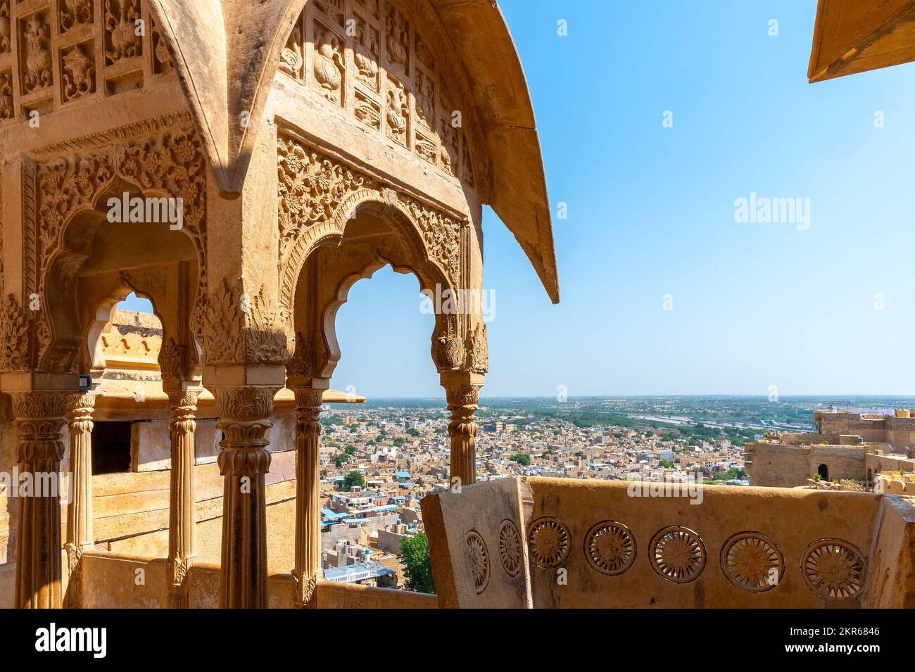 Sandstone made beautiful balcony, jharokha, stone window and exterior of Jaisalmer fort. UNESCO ...