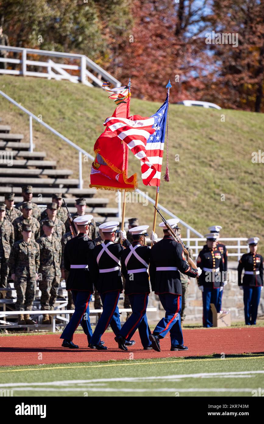 U.S. Marines with Marine Corps Base Quantico color guard, march off the ...