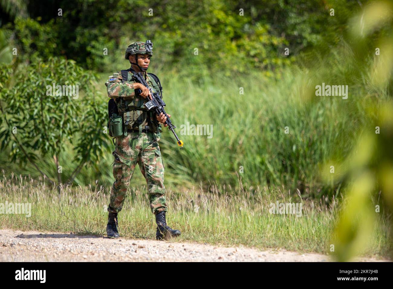 A Colombian Army Soldier conducts a foot patrol during a Situational ...