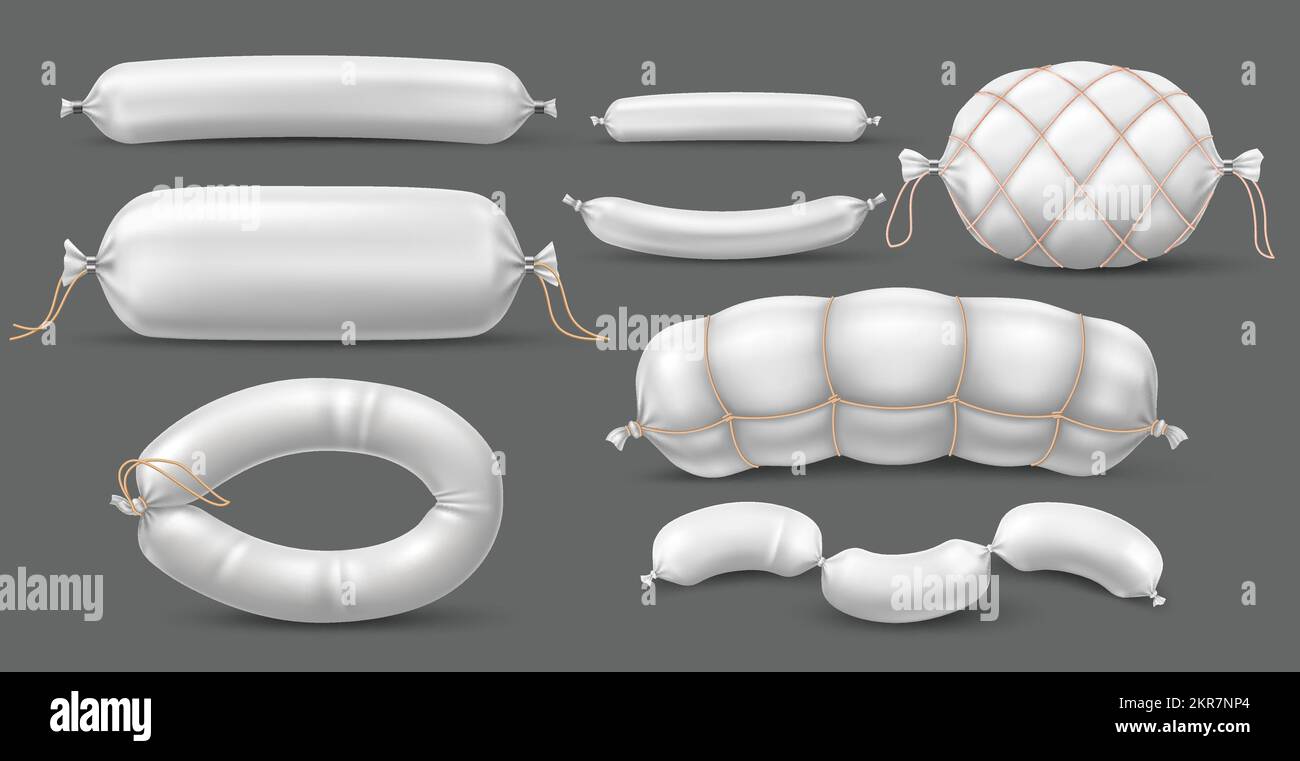 Sausage packaging mockup. Realistic white cellophane wrappers ...