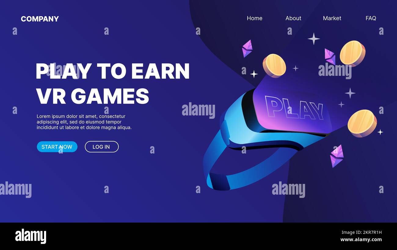 VR goggles, flying coins. P2E Crypto Games Landing Page Concept. Play ...