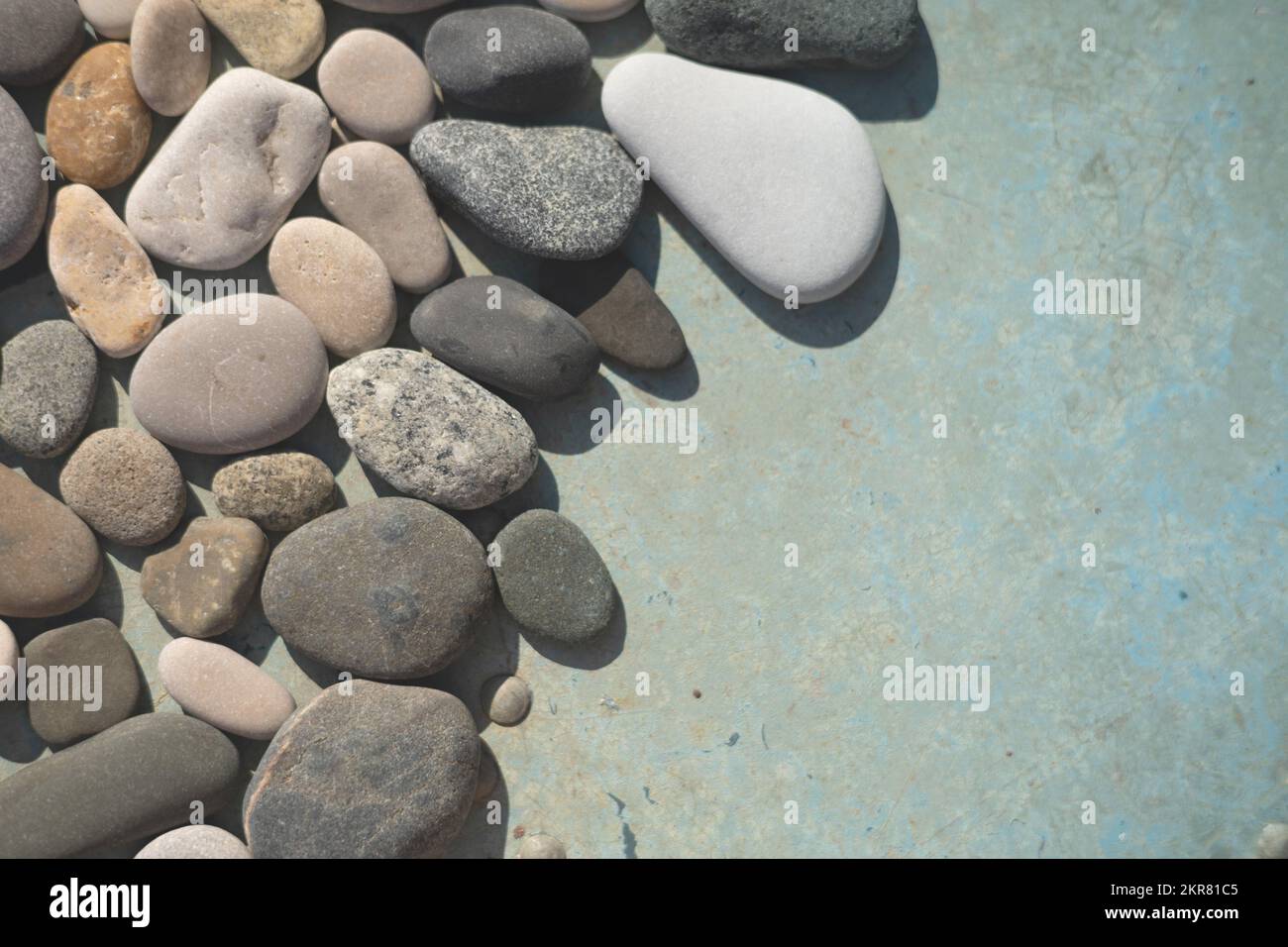 Sea beach pure water stones harmony nature landscape top view. Pebble ...