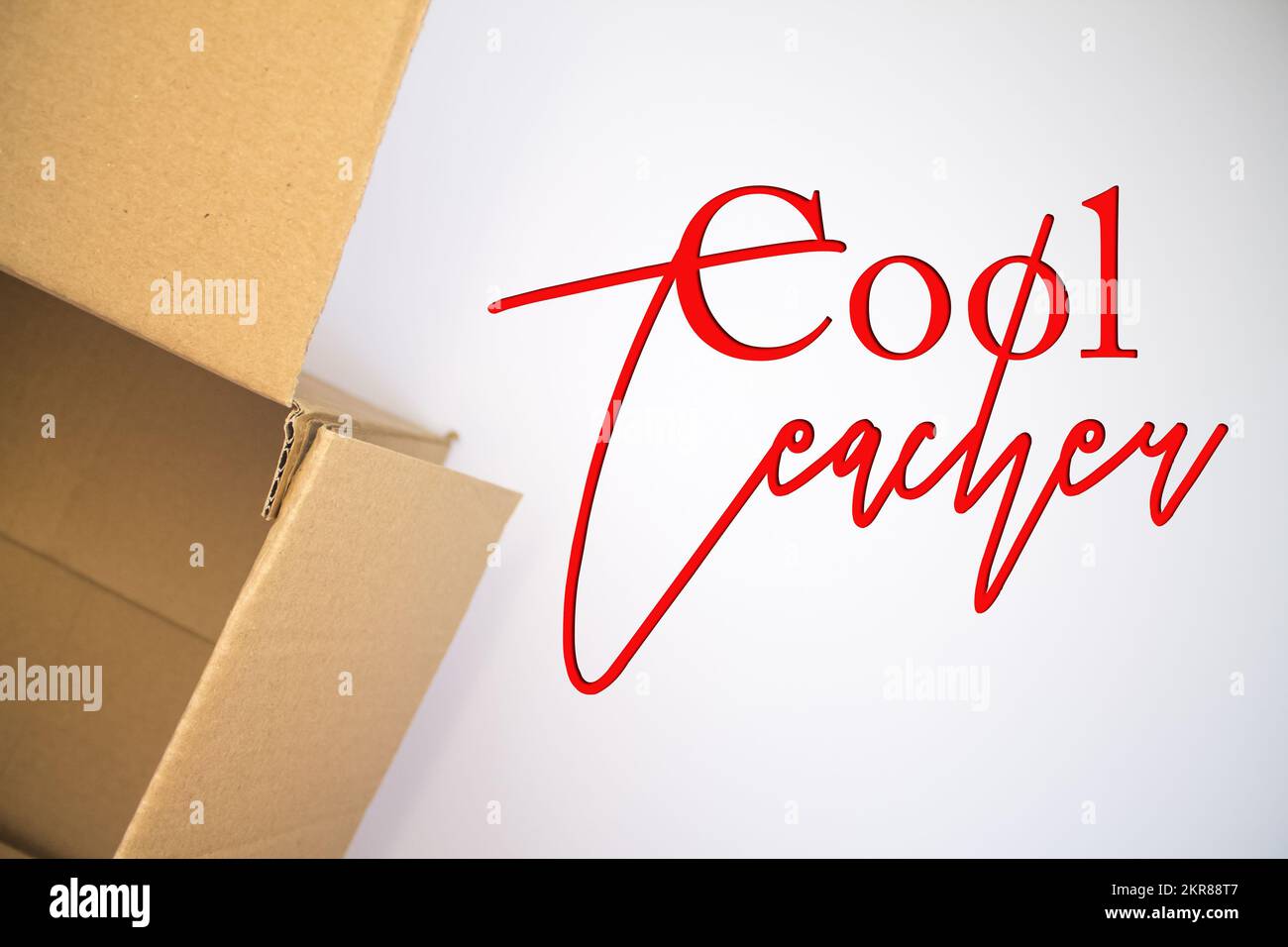 Cool Teacher word with cardboard box. Brown folded card box Stock Photo ...