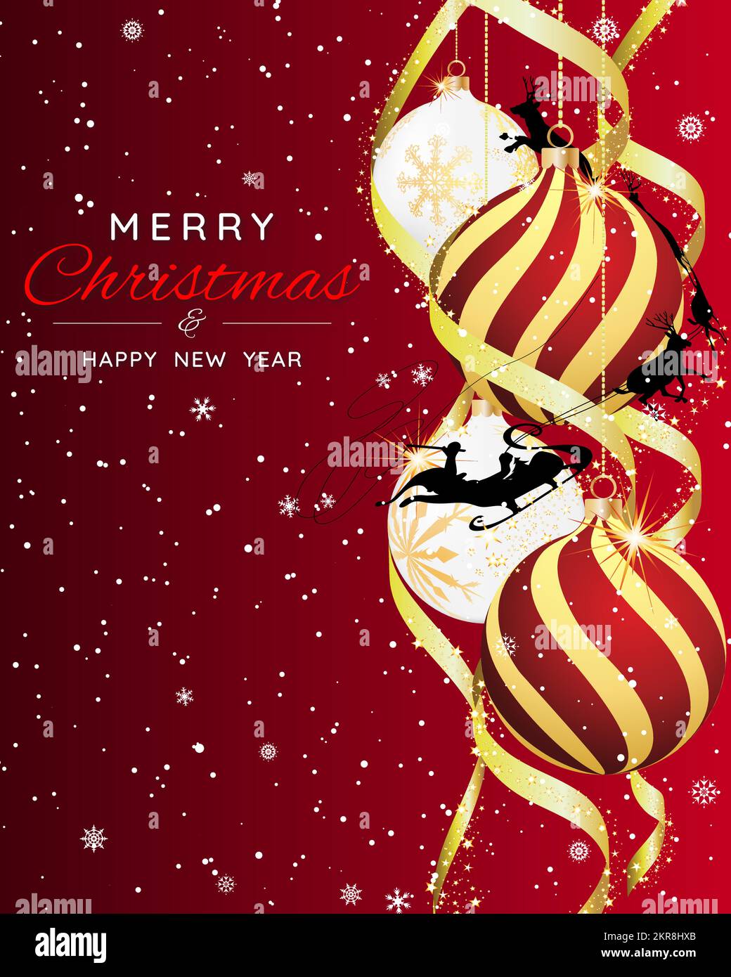 Christmas banner with fir tree decoration balls, santa, reindeer and ...