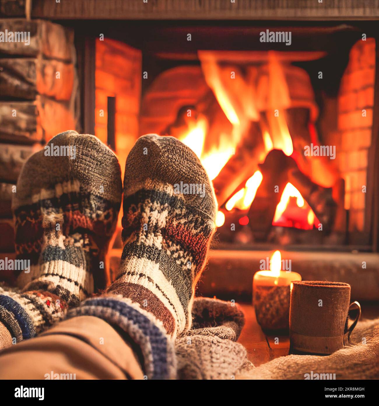 Couple resting by the Christmas fireplace. Sitting under the blanket ...