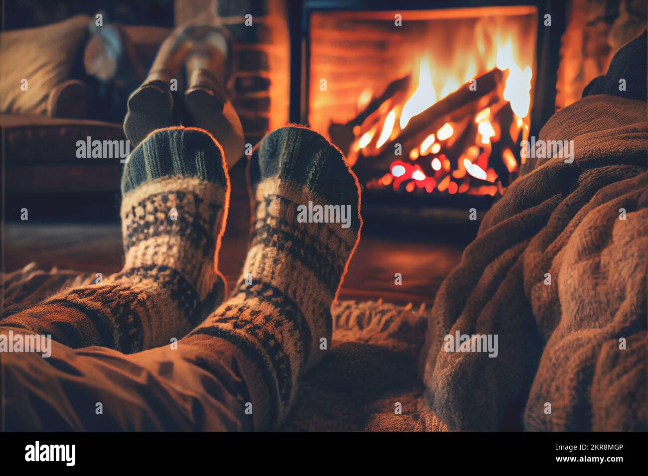 Couple resting by the Christmas fireplace. Sitting under the blanket ...