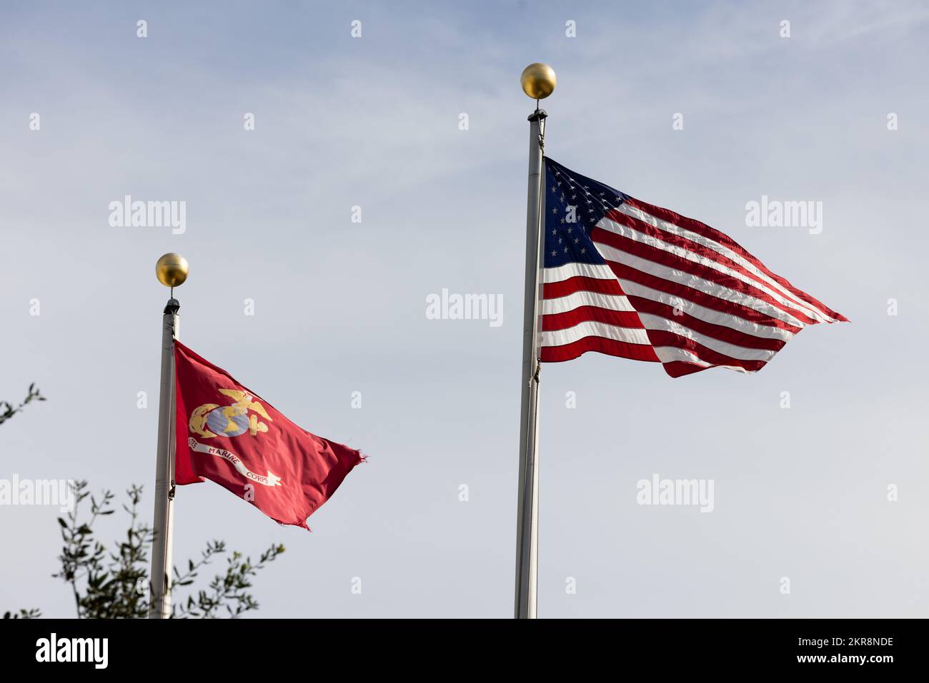 The American and U.S. Marine Corps flags are displayed at the Marine ...