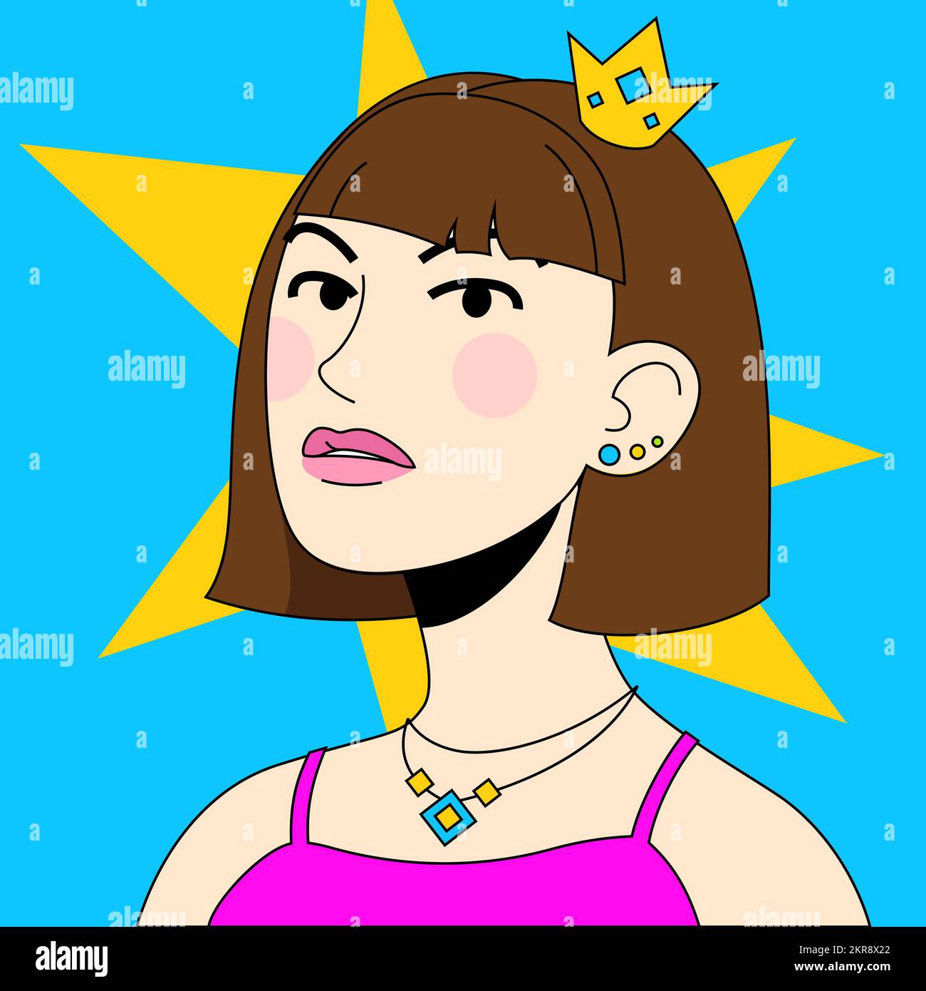 Princess with a golden crown NFT concept. Girl with brown hair. Vector ...