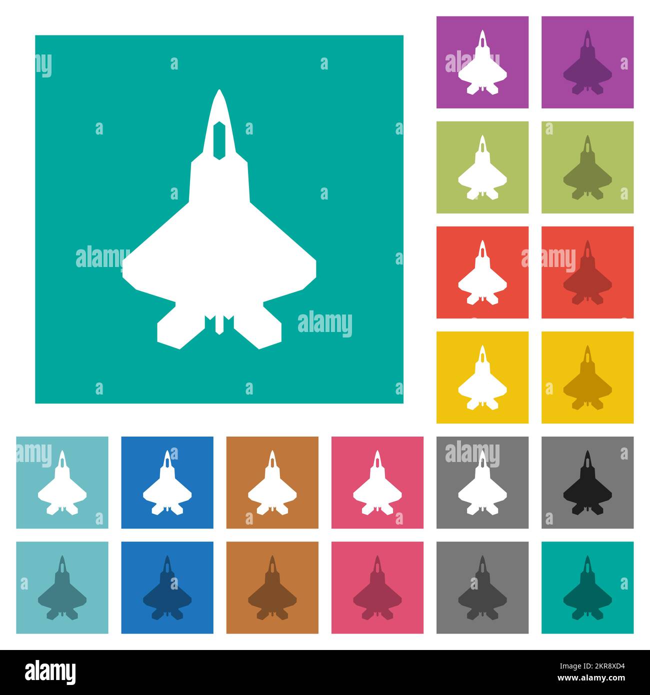 Jet fighter silhouette multi colored flat icons on plain square backgrounds. Included white and ...