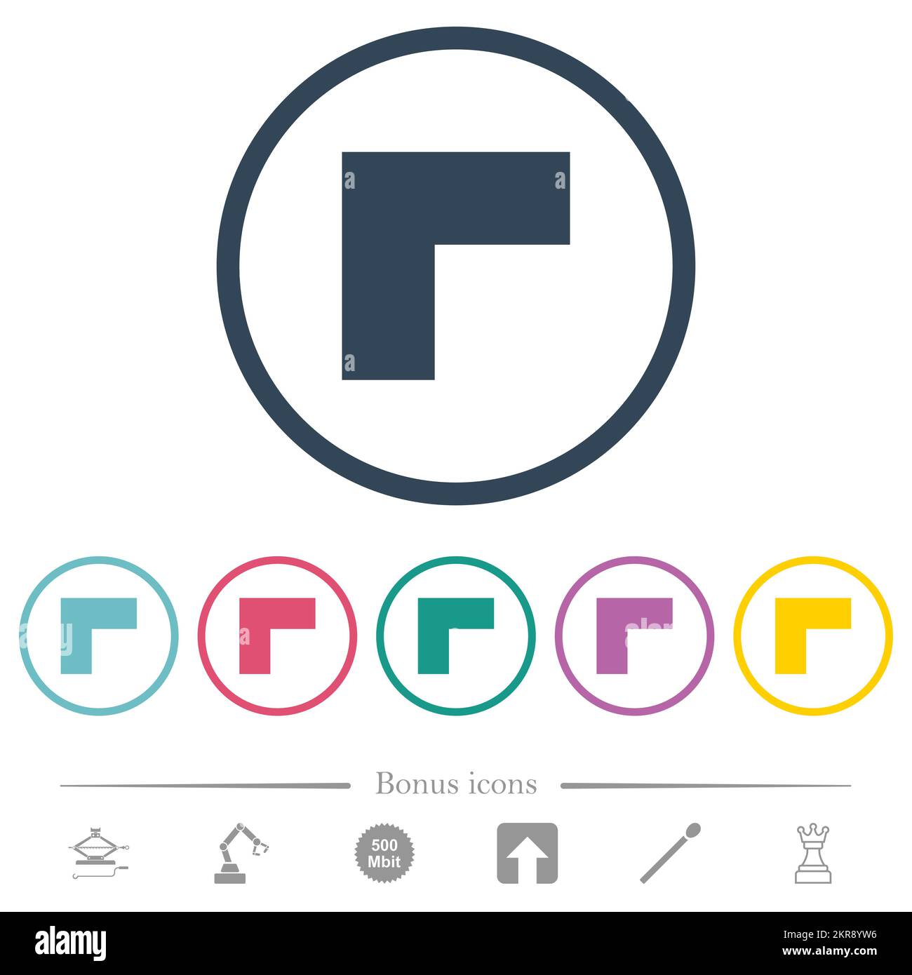 Top left 90 degrees angle arrow solid flat color icons in round outlines. 6 bonus icons included ...