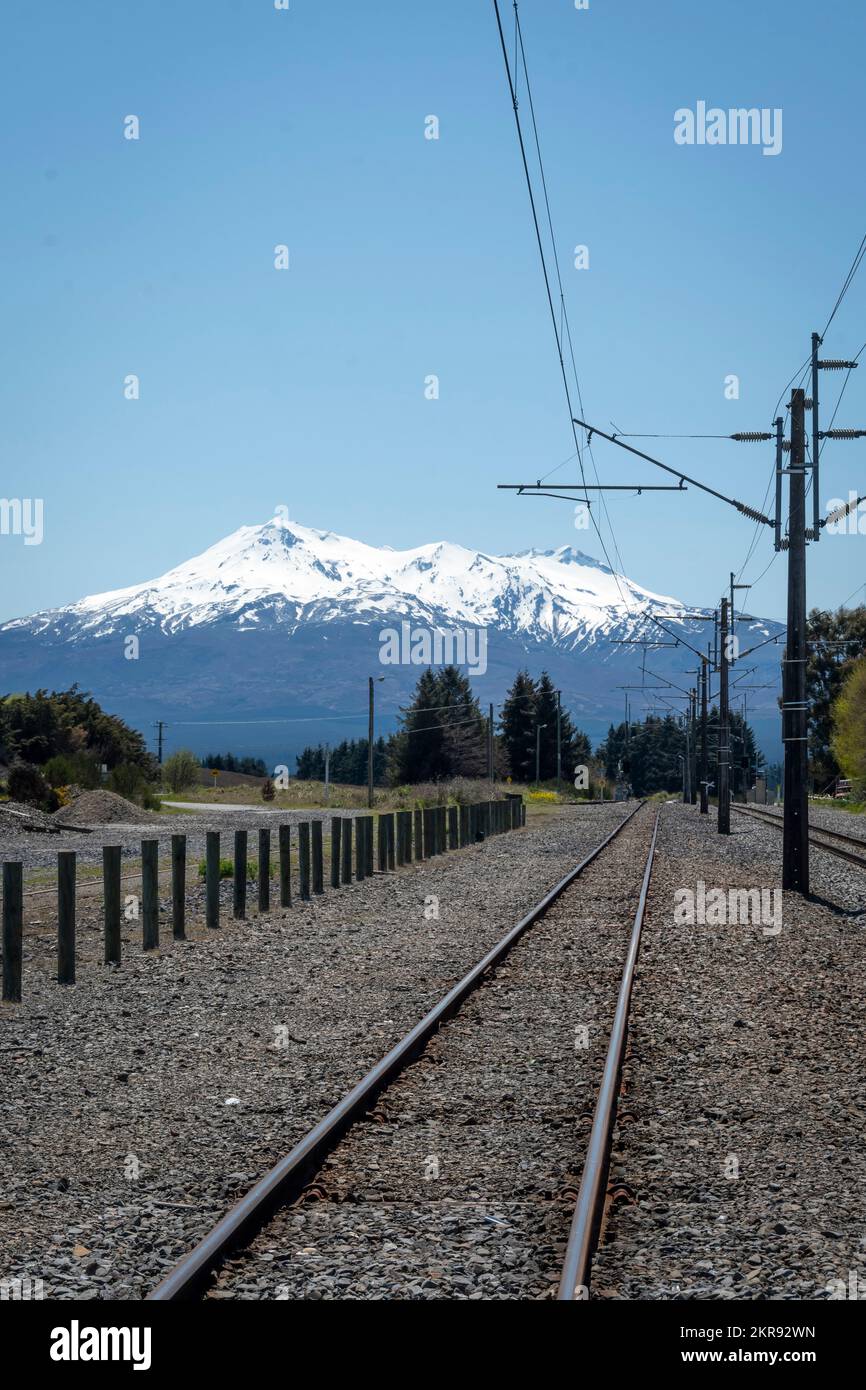 Mount Ruapehu, from Waiouru railway station, North Island, New Zealand ...