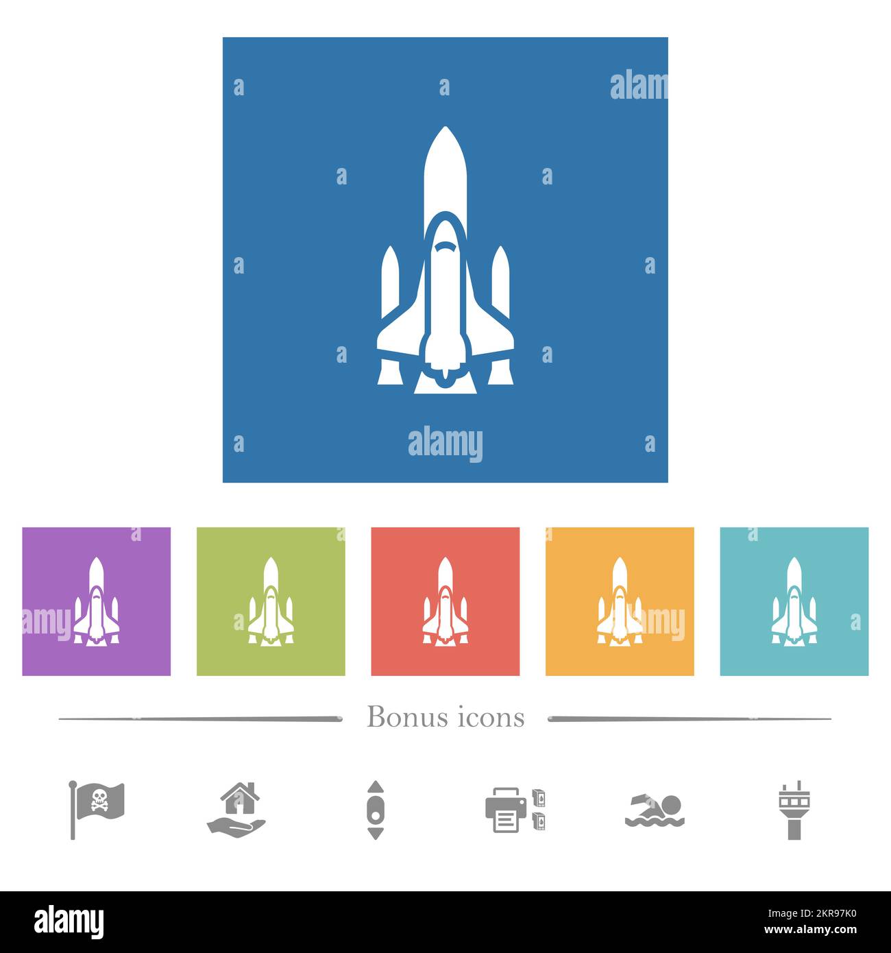 Space shuttle with launchers flat white icons in square backgrounds. 6 bonus icons included ...