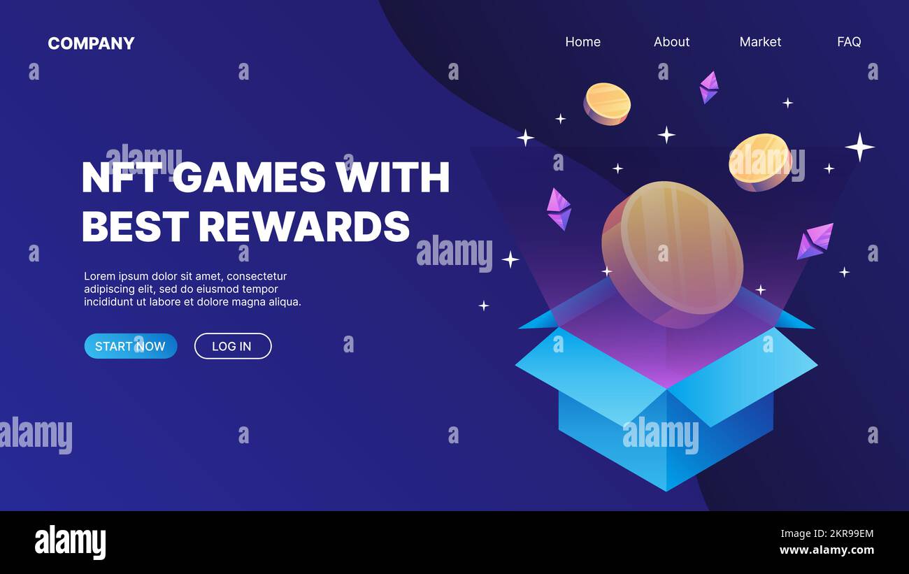 Box with flying coins, cryptocurrency logo. P2E Crypto Games Landing ...