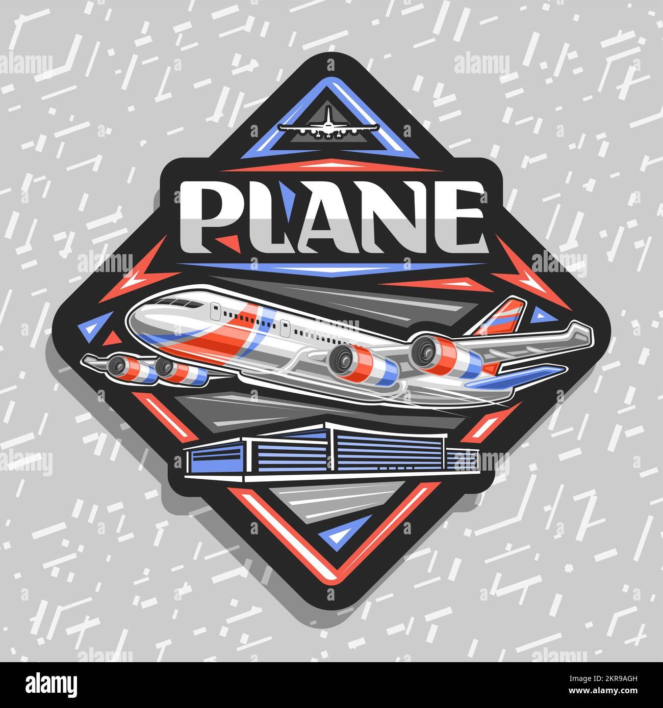 Vector logo for Plane in motion, dark decorative rhombus label with ...