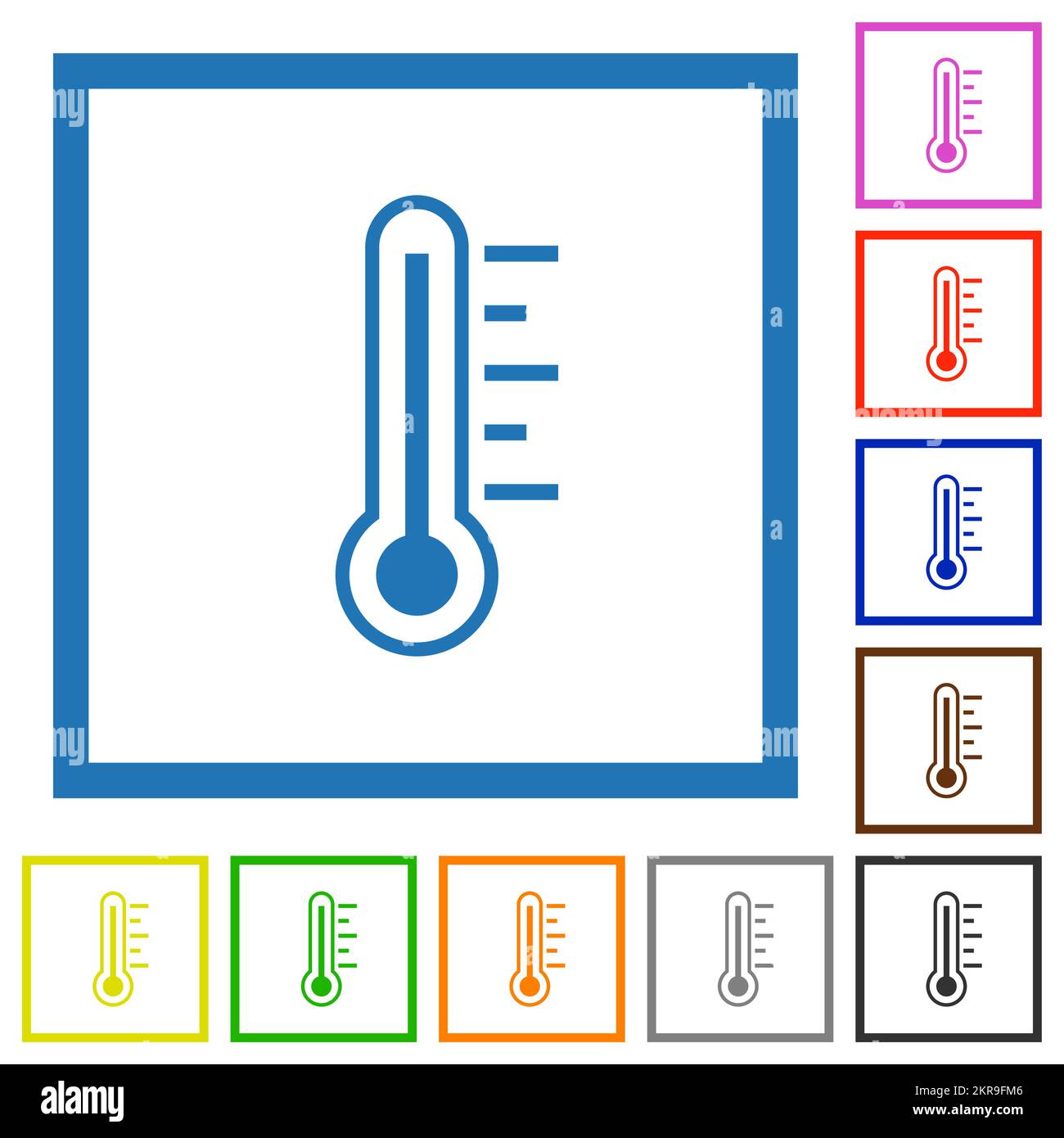 Thermometer warm temperature flat color icons in square frames on white ...