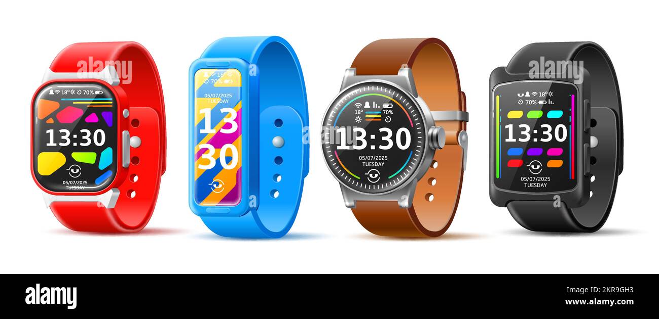 Smartwatches set. Realistic electronic sportbands angle view, wearable ...