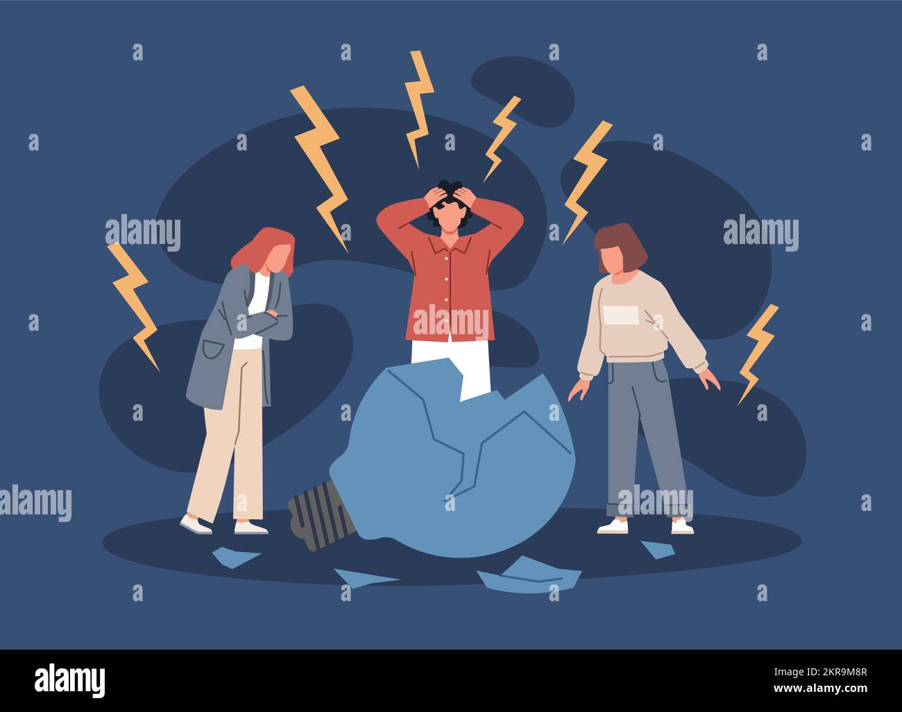 Lightbulb burnout idea. No ideas, people in panic, despondency, broken ...