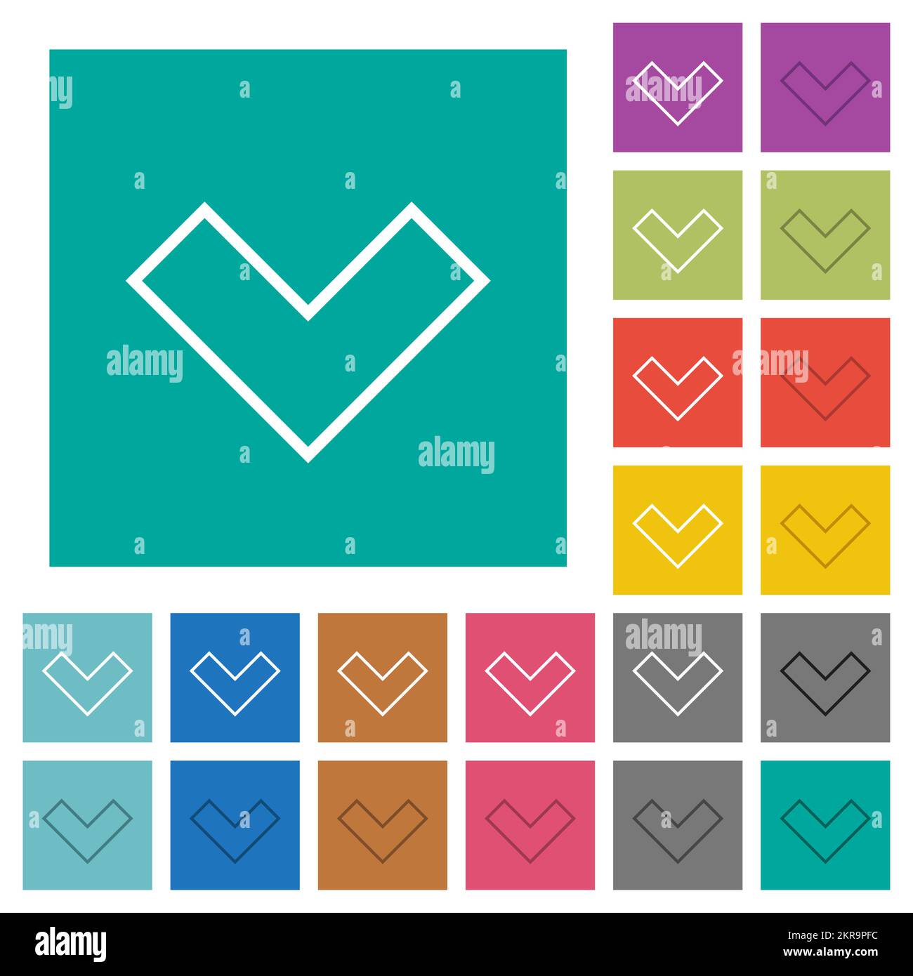 Bottom angle arrow outline multi colored flat icons on plain square ...