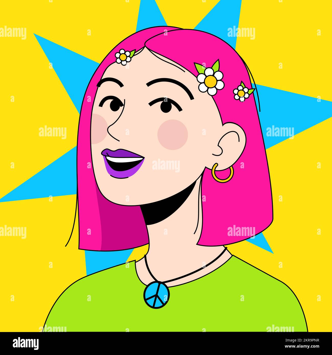 Hippie girl with pink hair and daisies NFT concept. Vector illustration ...