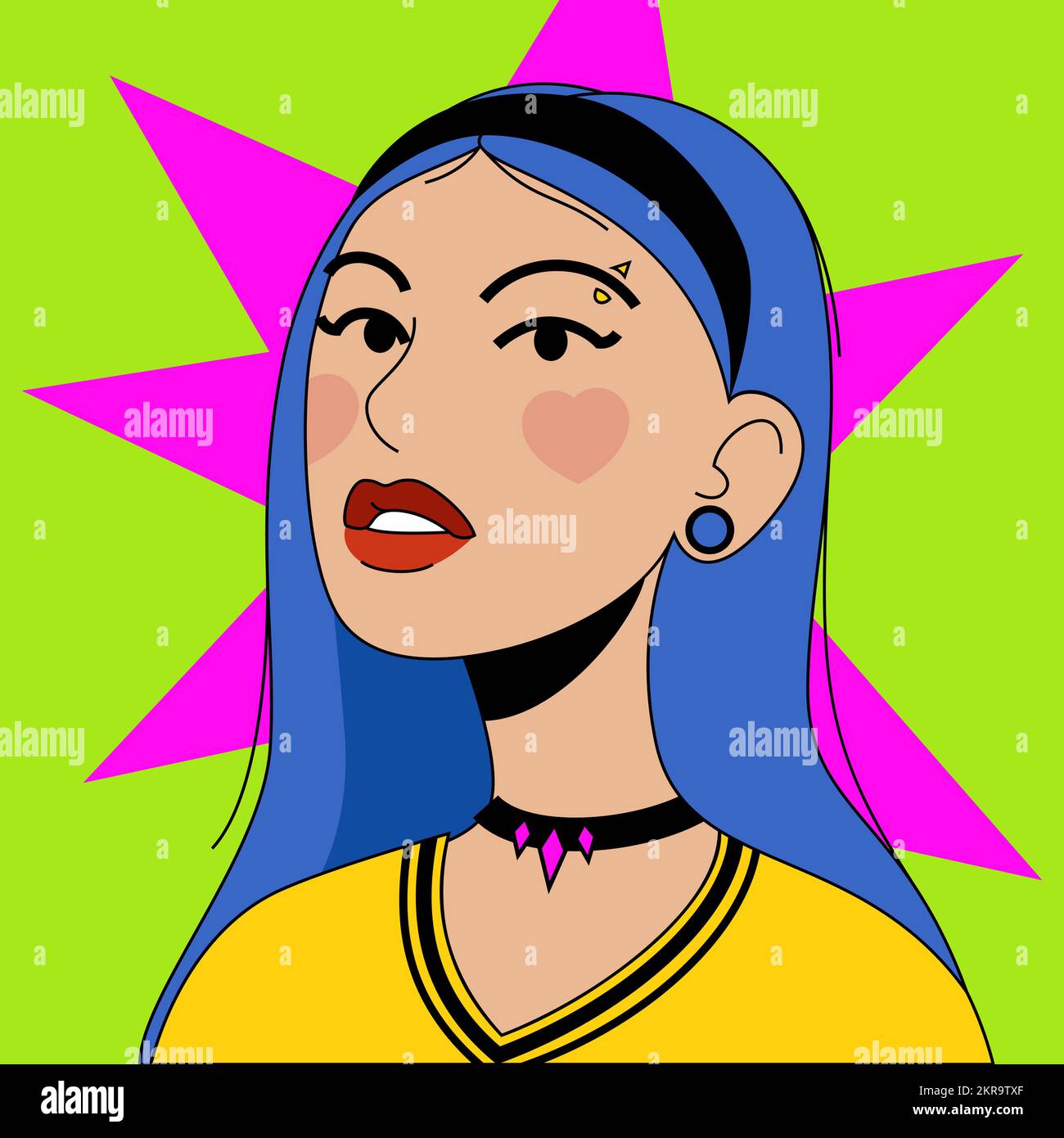Punk girl with piercings and a choker on her neck NFT concept. Vector ...