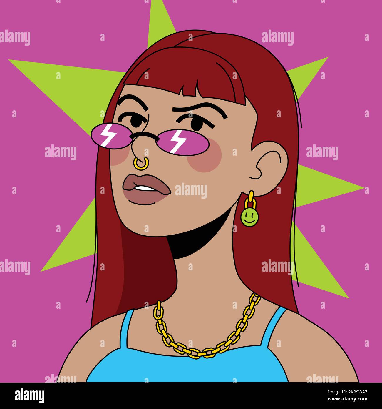 Teenage girl in sunglasses and earrings with a smiley face NFT Concept ...