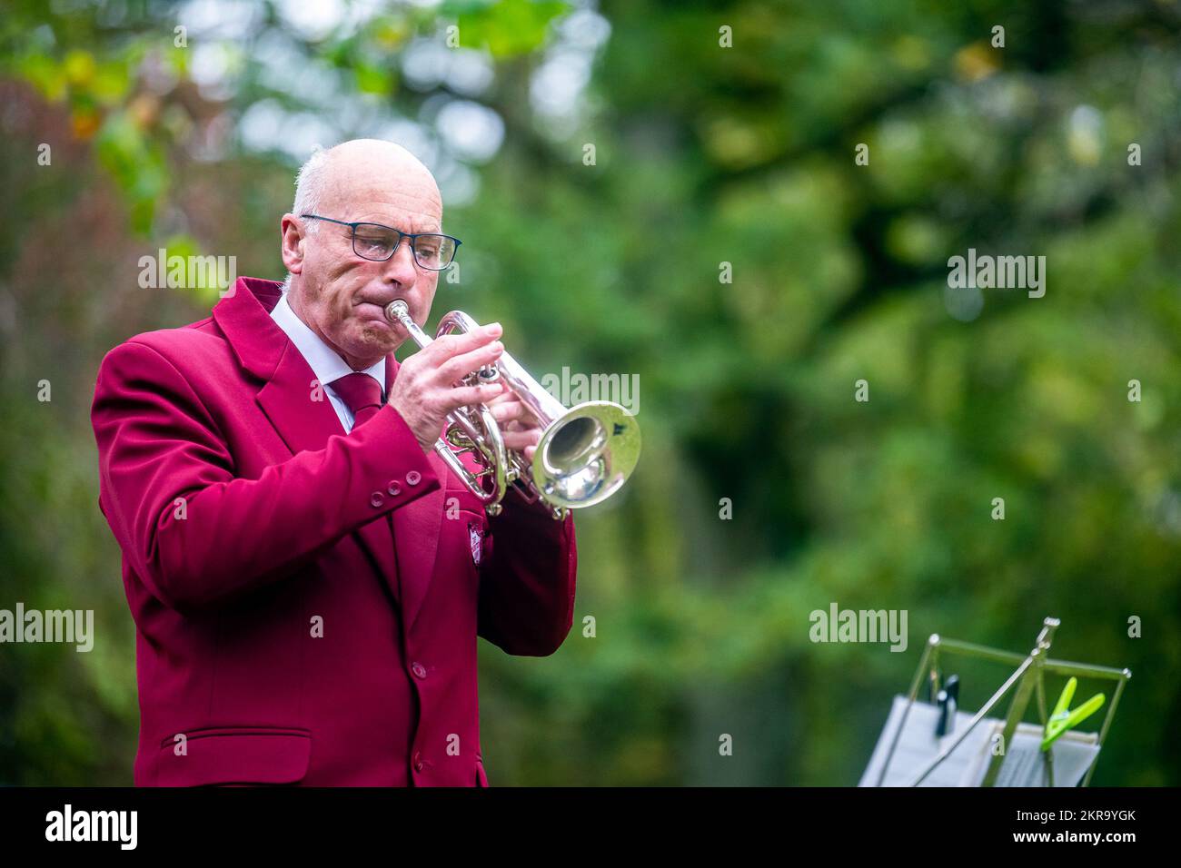 Mick Wooldridge plays the bugle during a Remembrance Day ceremony at ...