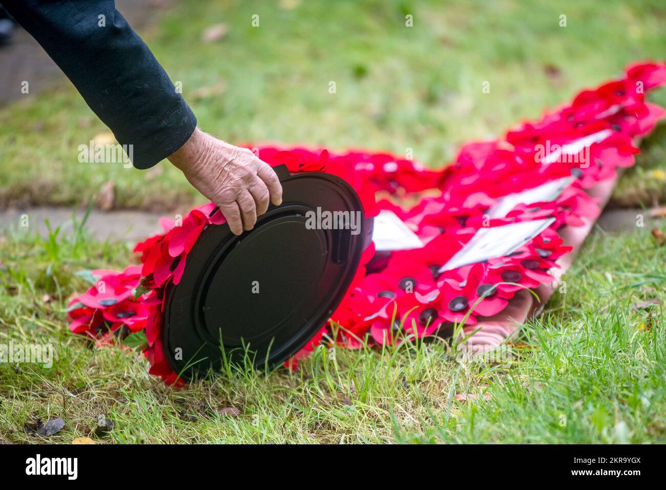 A participant lays a wreath during a Remembrance Day ceremony at RAF ...