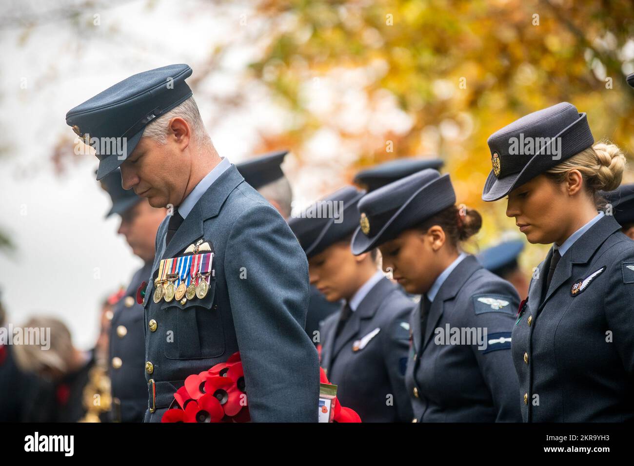 Members of the Royal Air Force bow their heads during a Remembrance Day ...