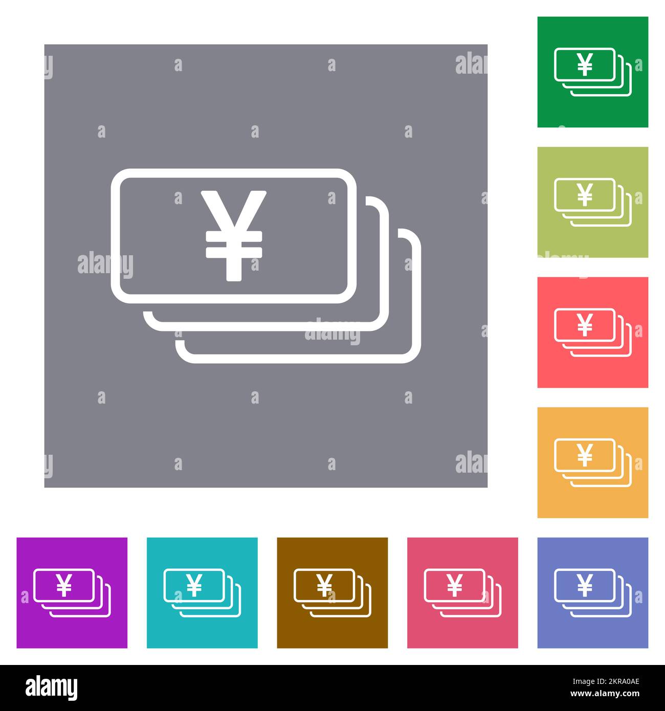 Japanese Yen banknotes outline flat icons on simple color square ...