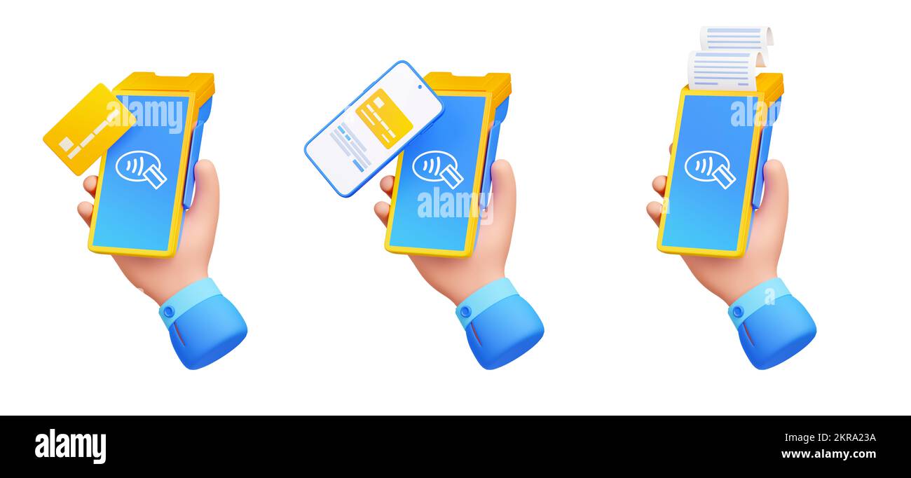 3d render contactless cashless payment with credit cards or mobile phone app. Hands holding Pos ...