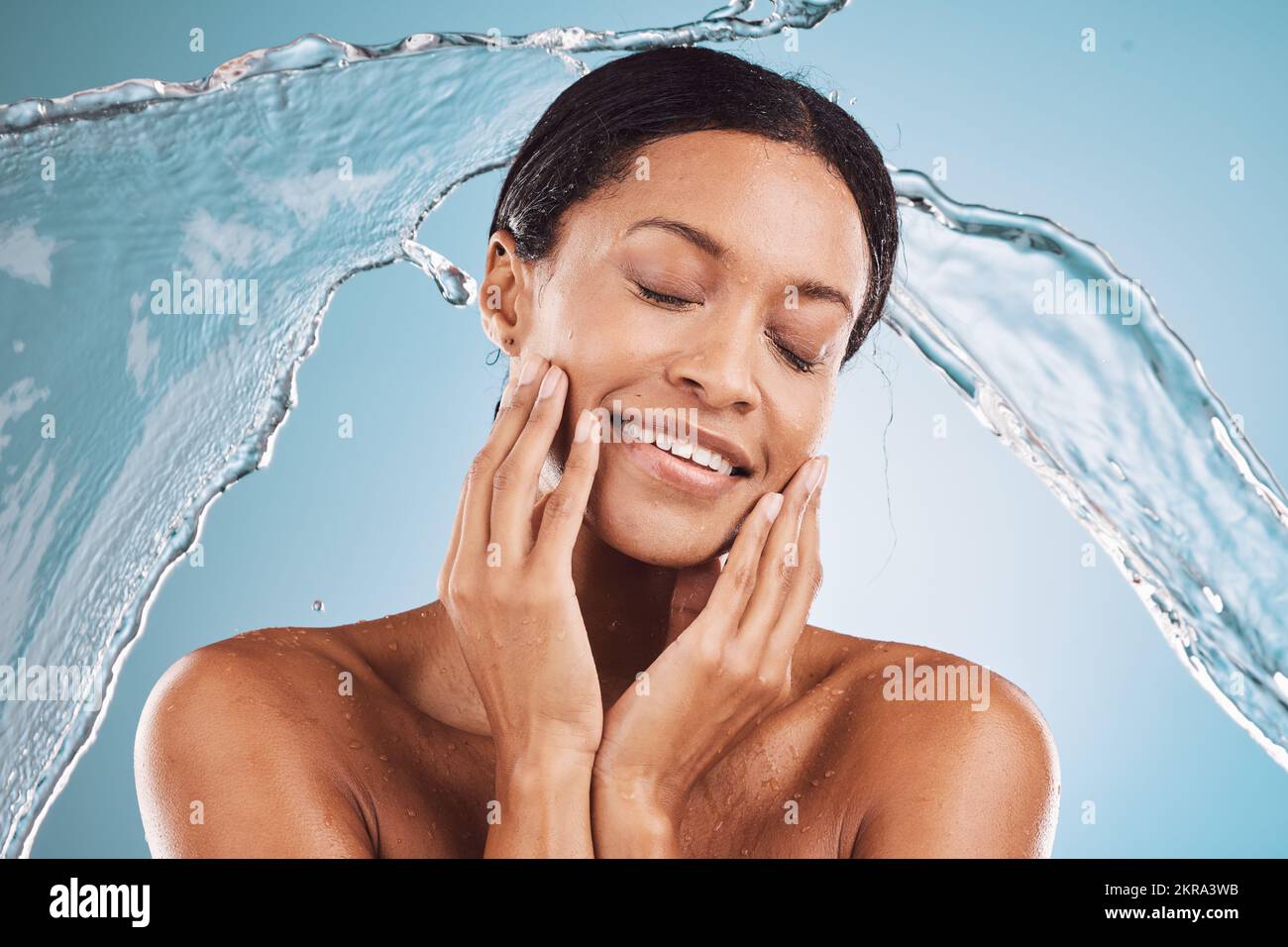 Woman, skincare and beauty for clean hydration, cosmetics or hygiene ...