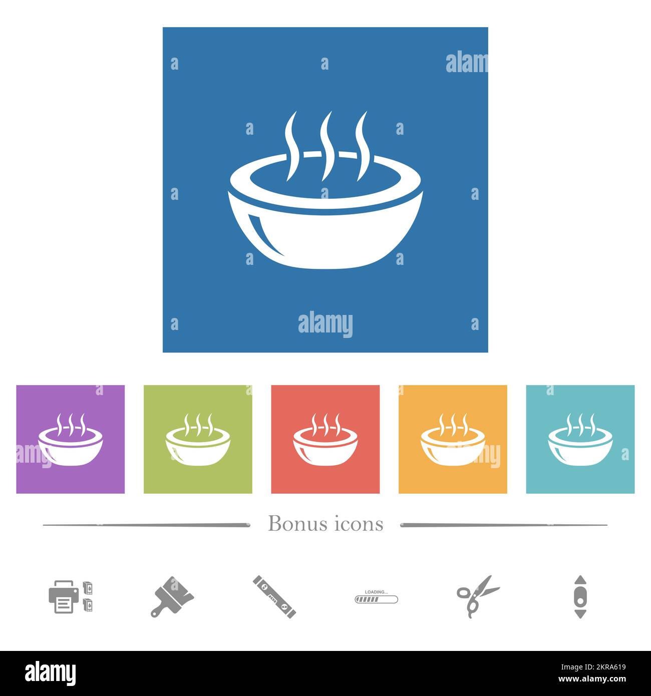 Glossy steaming bowl flat white icons in square backgrounds. 6 bonus ...