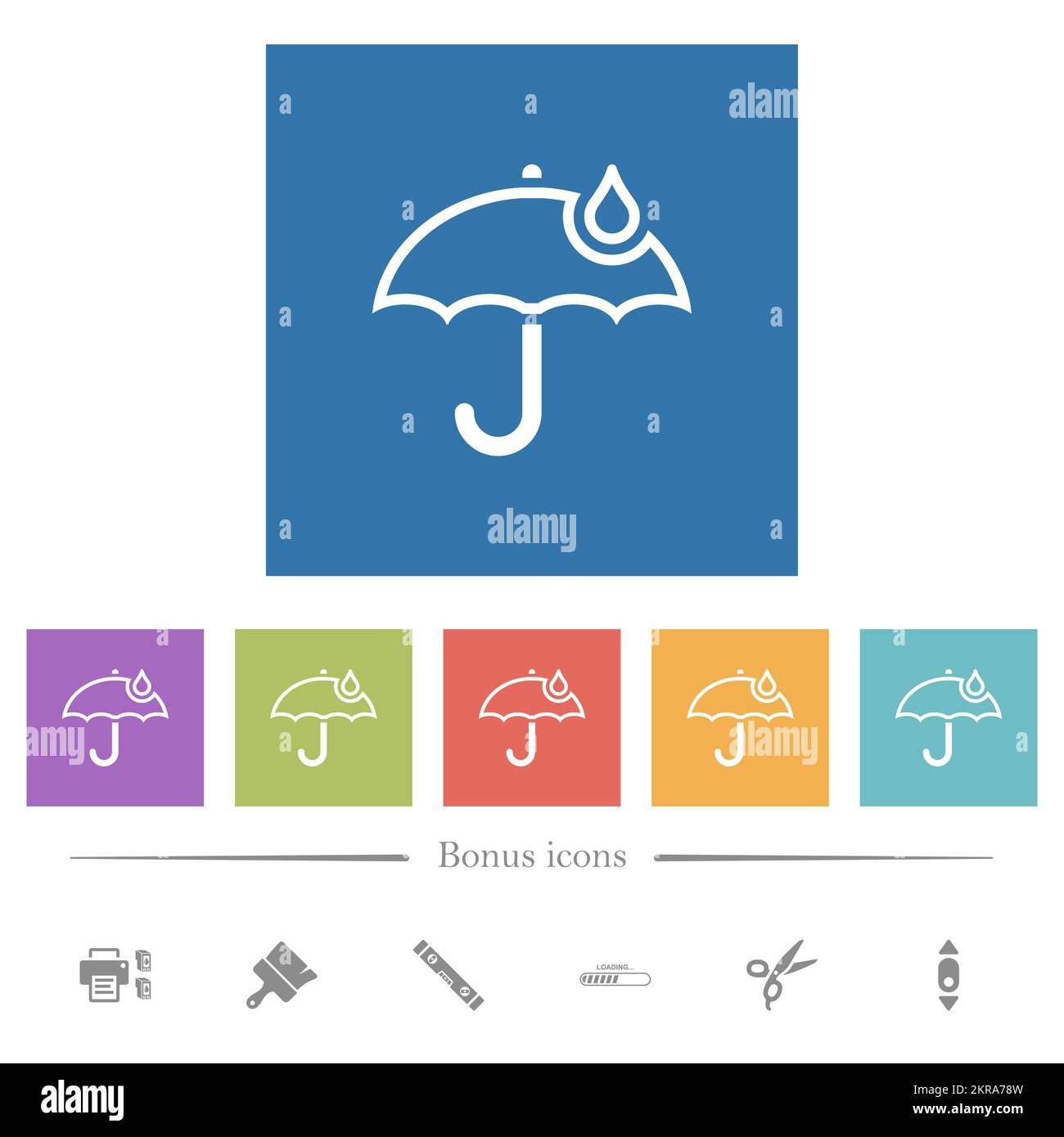Umbrella with single raindrop outline flat white icons in square ...