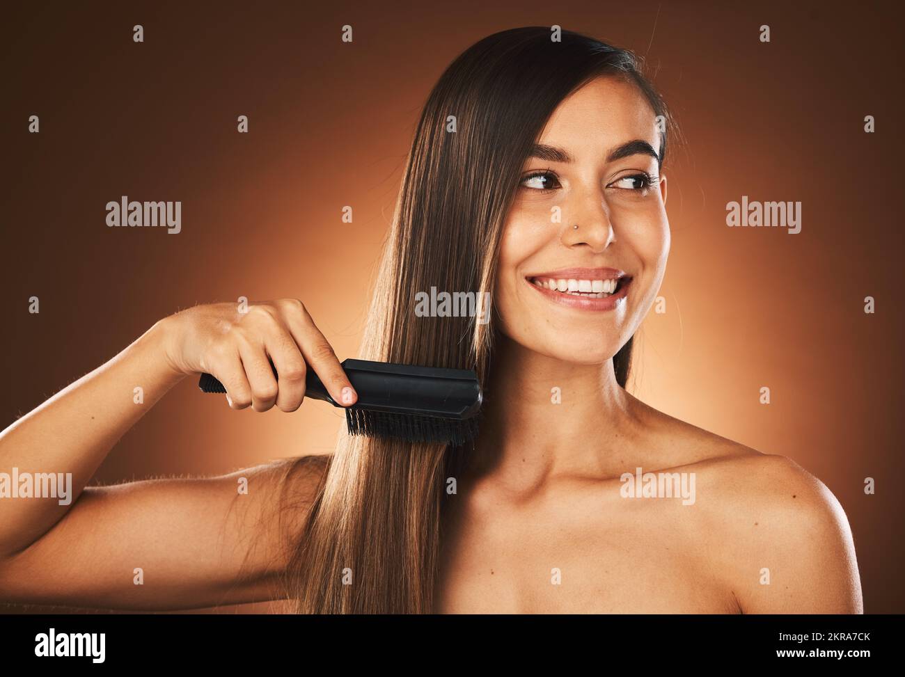 Hair care, happy and woman brushing hair, beauty smile and luxury salon ...