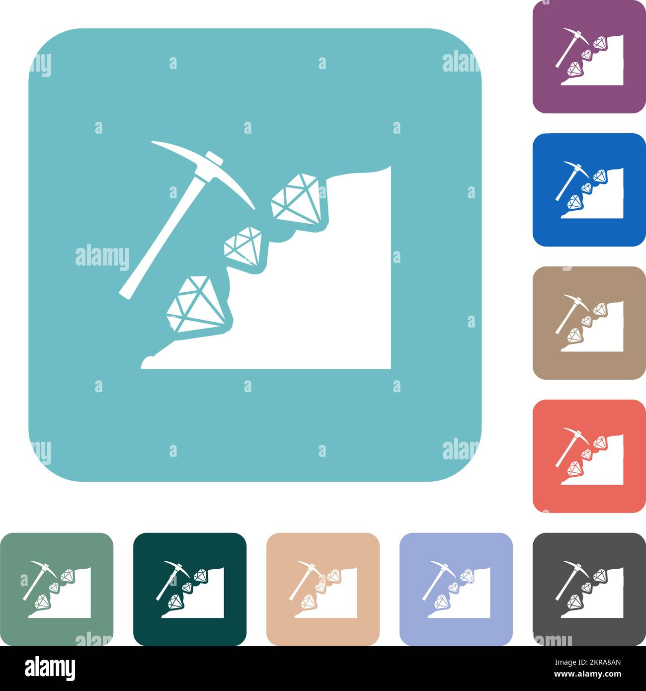Diamond mining white flat icons on color rounded square backgrounds ...