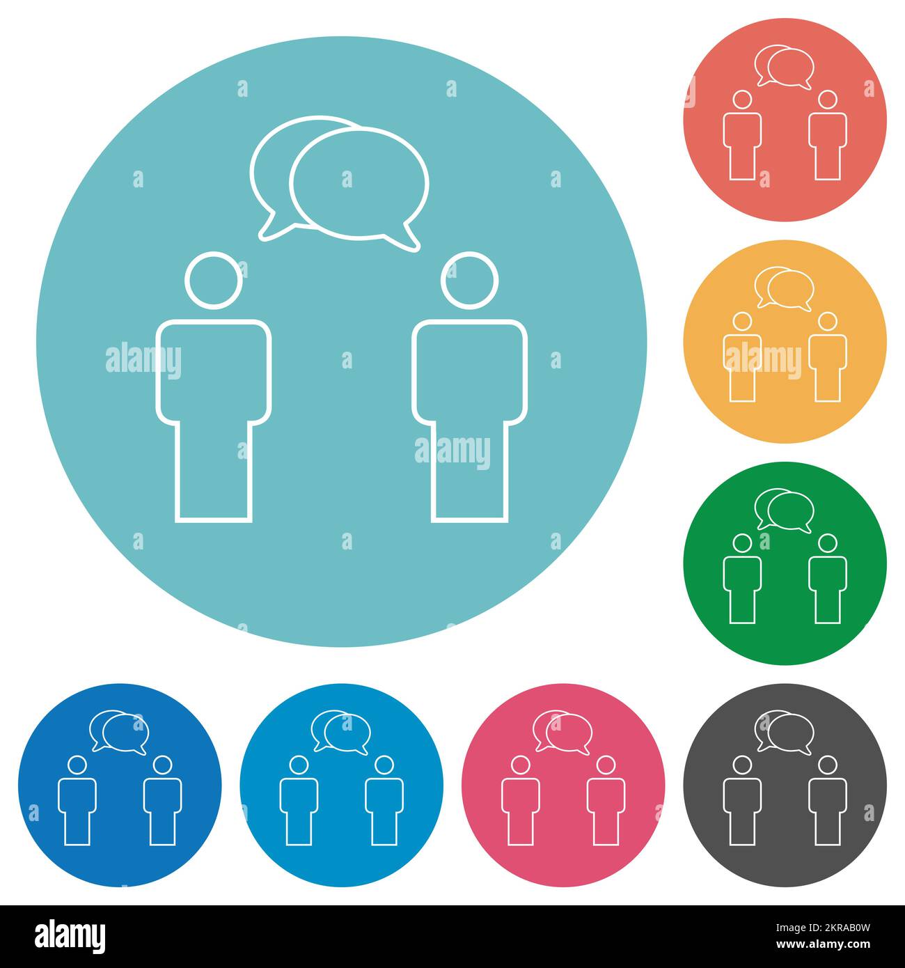 Two talking persons with oval bubbles outline flat white icons on round ...