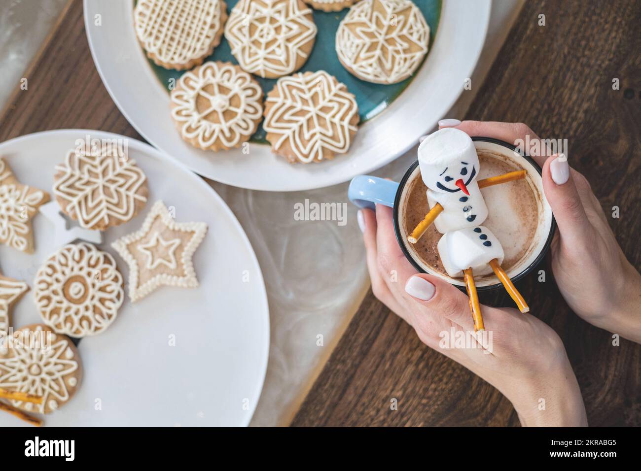 Topview female hands hold a mug with hot chocolate and a marshmallow ...