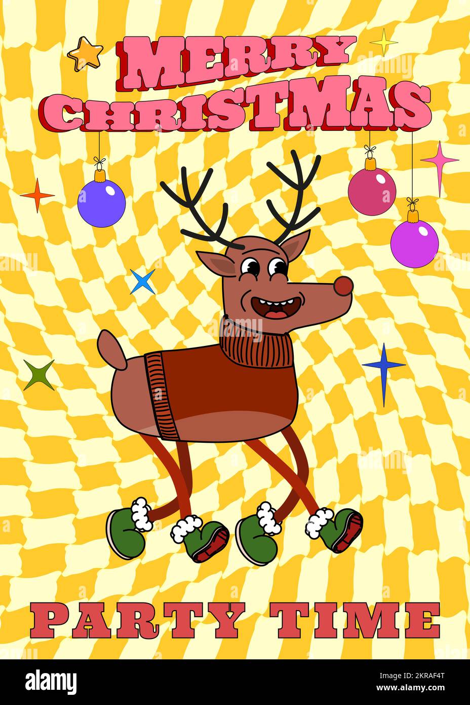 Groovy hippie Christmas poster. Deer in trendy retro cartoon style ...