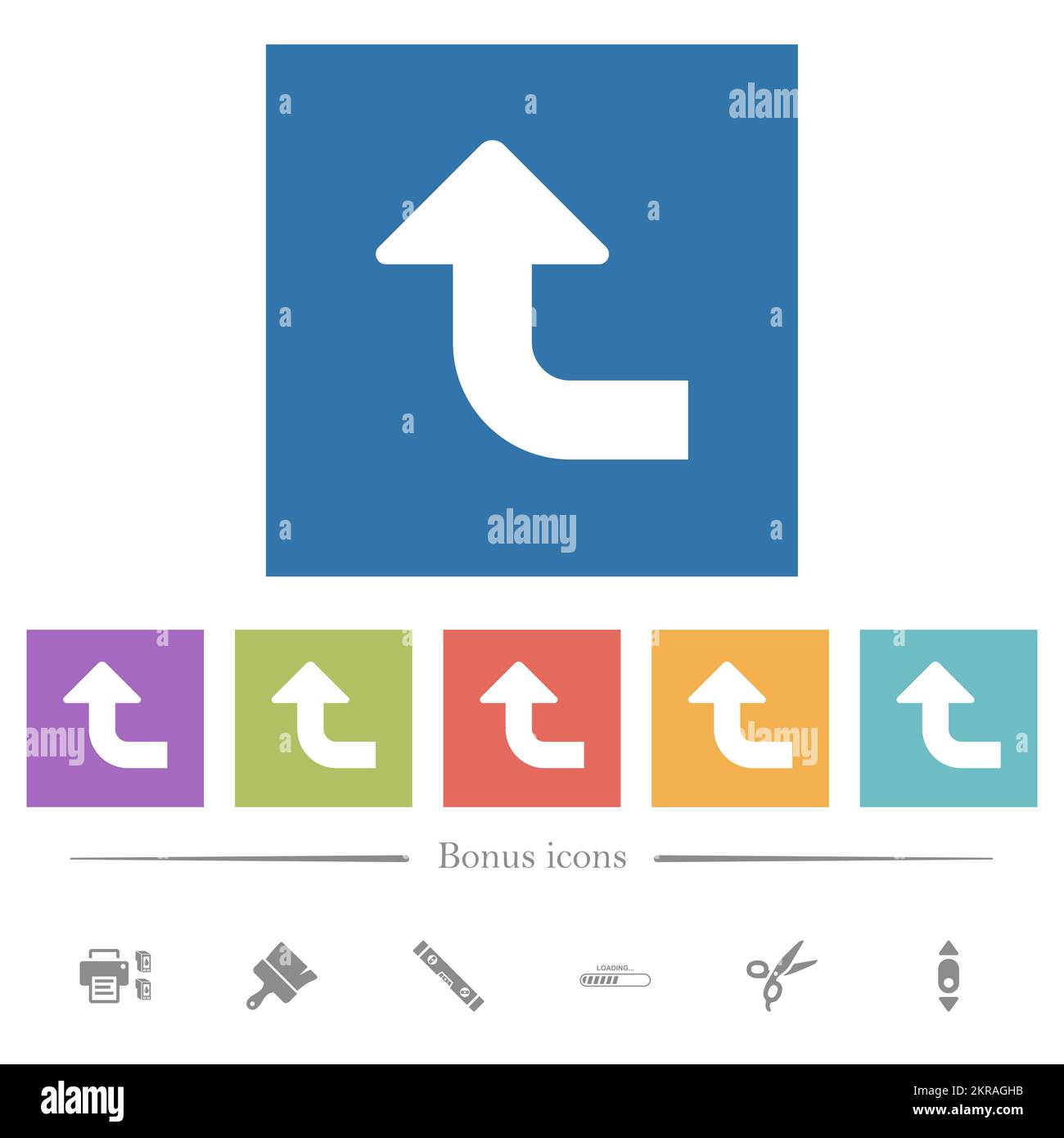 Left top side turn arrow solid flat white icons in square backgrounds ...