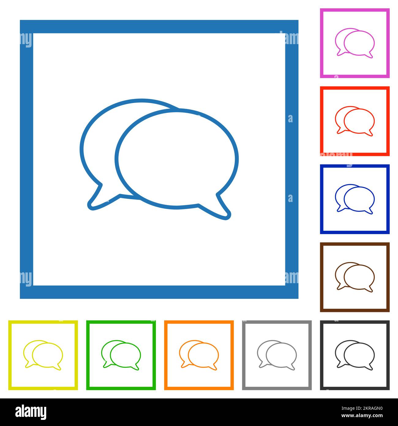 Two oval chat bubbles outline flat color icons in square frames on ...