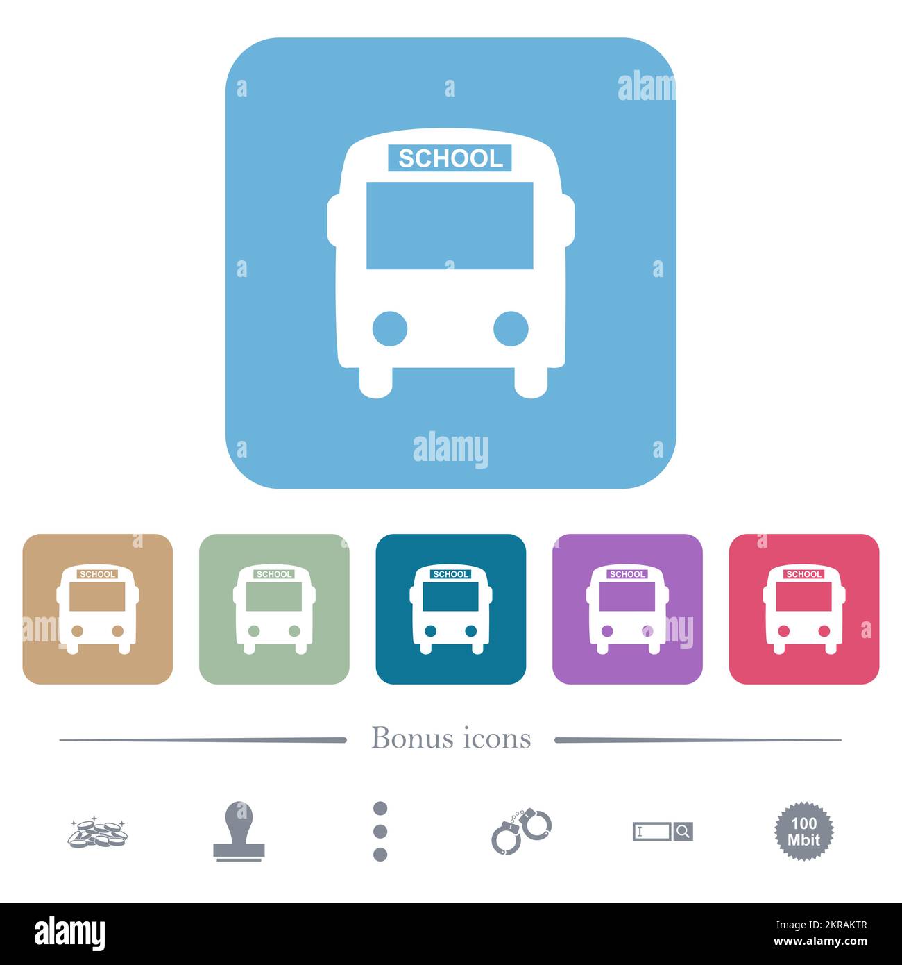 School bus with driver white flat icons on color rounded square backgrounds. 6 bonus icons ...