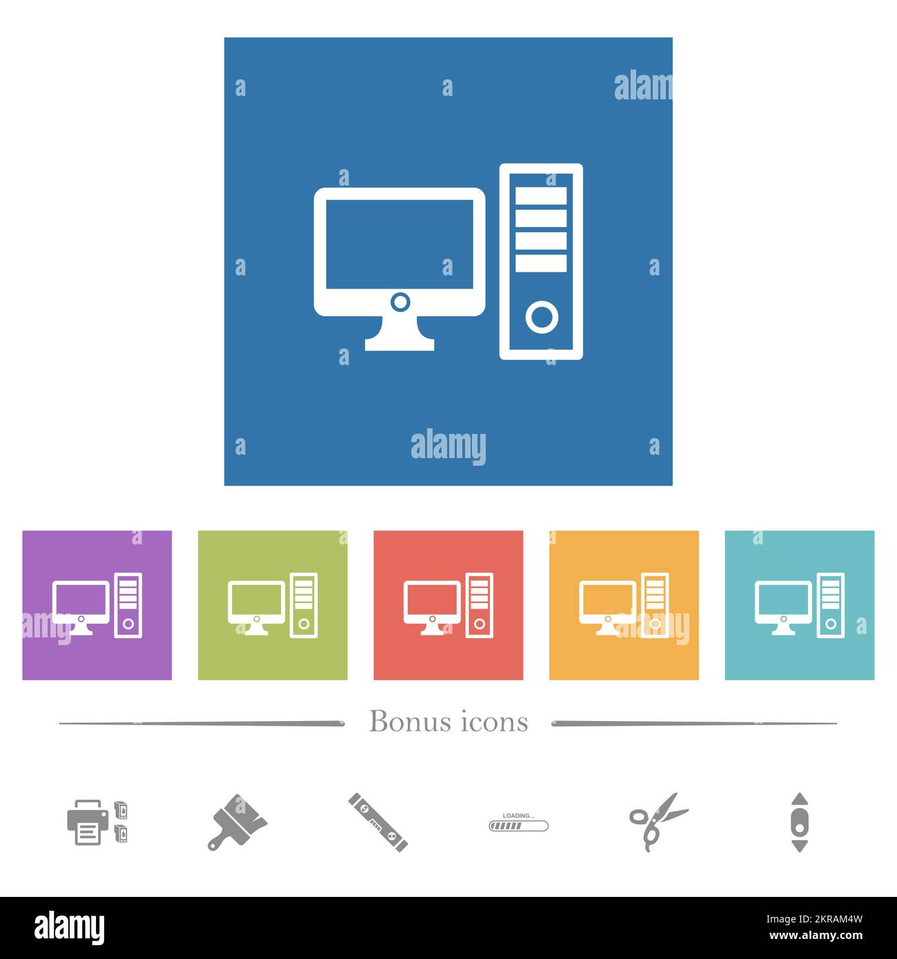 Desktop computer with monitor flat white icons in square backgrounds. 6 ...