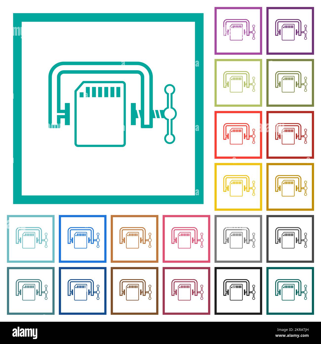 SD memory card compress outline flat color icons with quadrant frames on white background Stock ...