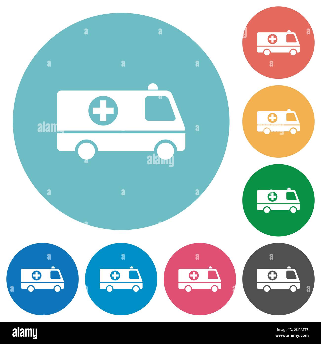 Ambulance car side view flat white icons on round color backgrounds ...
