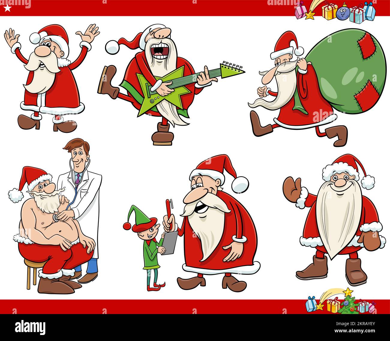 Cartoon illustration of funny Santa Claus characters set on Christmas ...