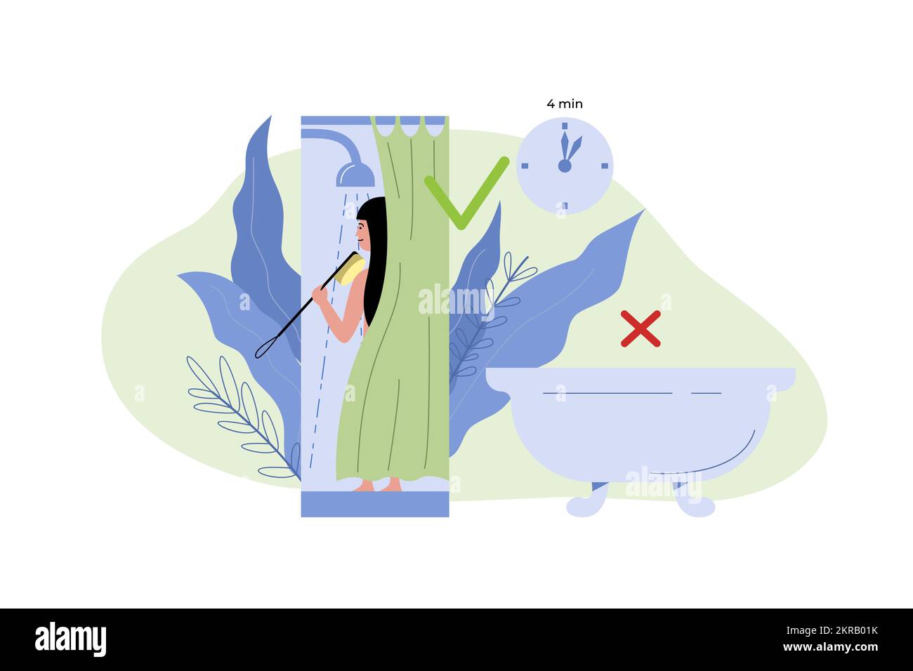Woman Is Reducing Usage Of Water By Showering Short Time Stock Vector