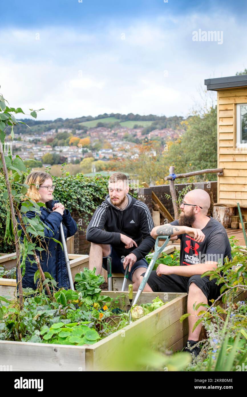 YMCA residents in the community garden at YMCA Exeter UK Stock Photo ...