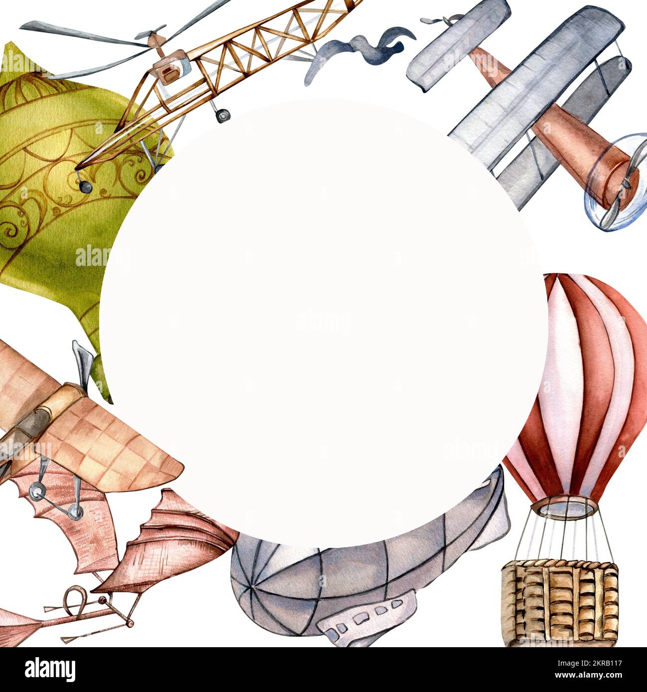 Circle frame of retro transport watercolor illustration isolated on ...