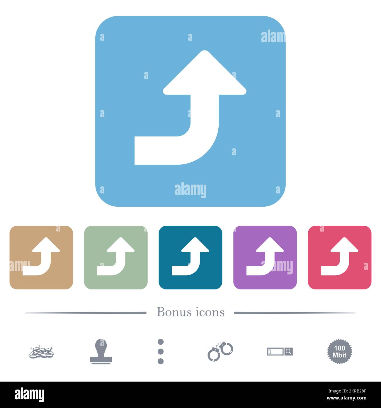 Right top side turn arrow solid white flat icons on color rounded square backgrounds. 6 bonus ...